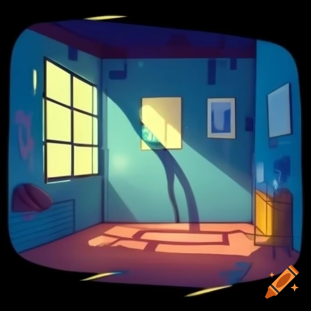 Whimsical empty room with bright colors and cartoonish style, closed ...