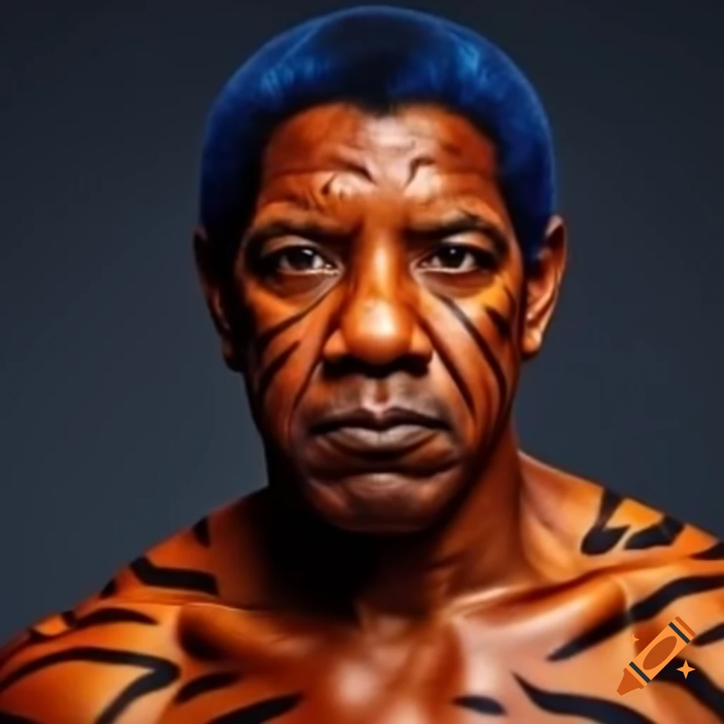 Muscular man with tiger-style makeup and colorful hair on Craiyon