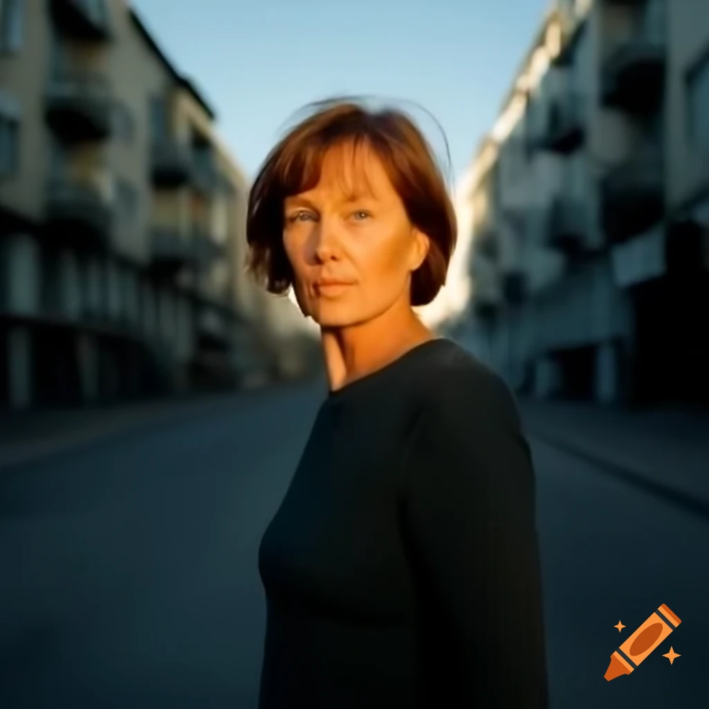 Middle-aged woman at crossroads in empty street, showing uncertainty on ...