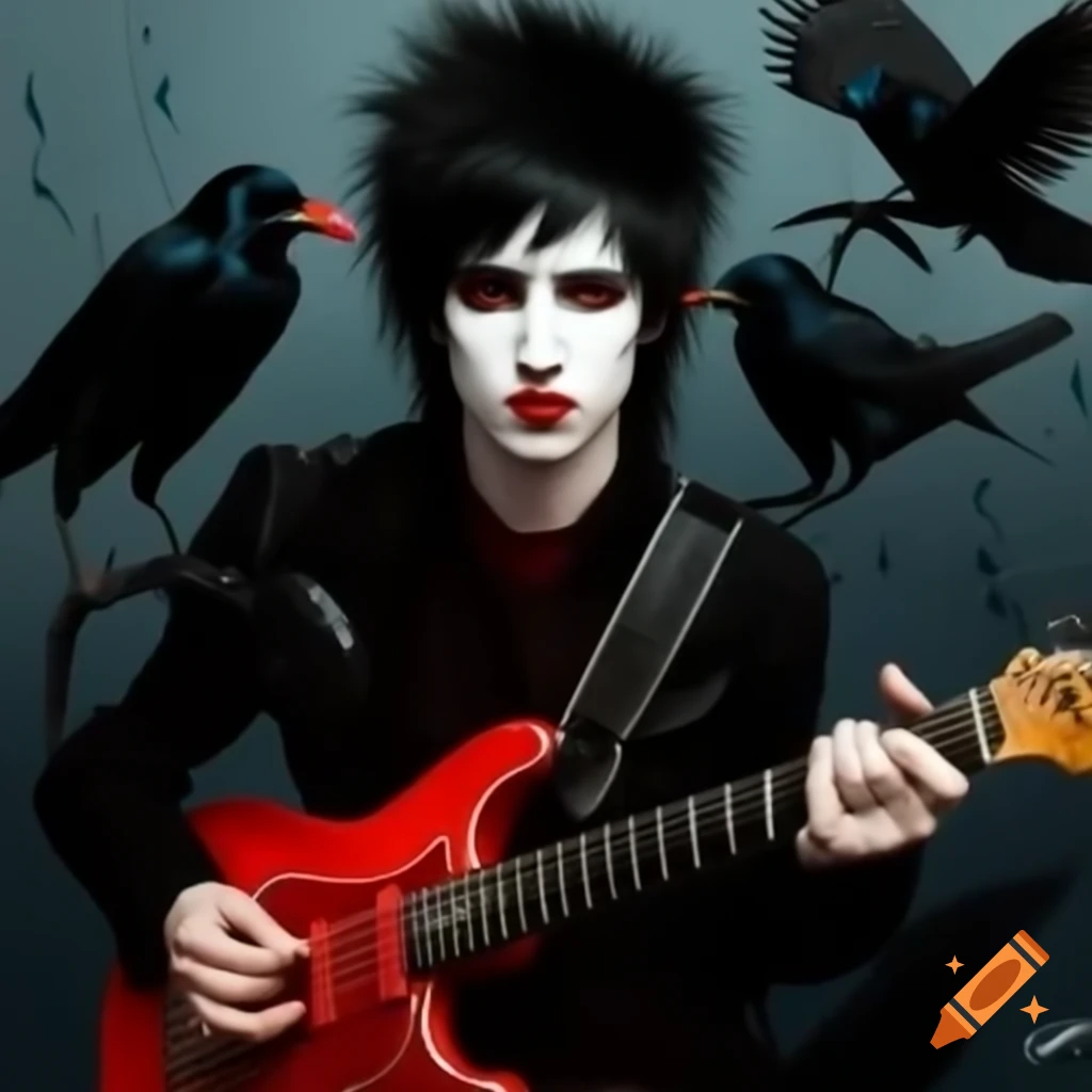Emo musician with eyeliner and red lipstick playing guitar surrounded ...