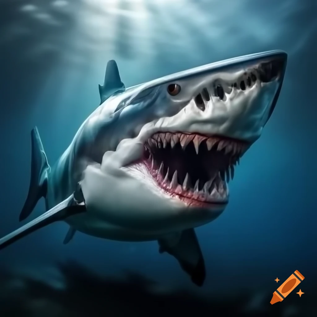 Colossal great white shark underwater with sharp teeth and piercing ...