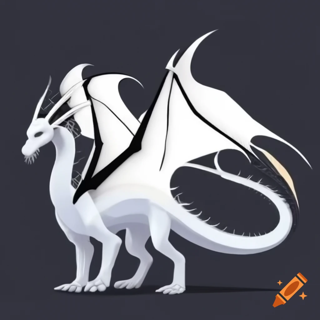 Design of a male white dragon with black outlines, ear frills, fangs ...