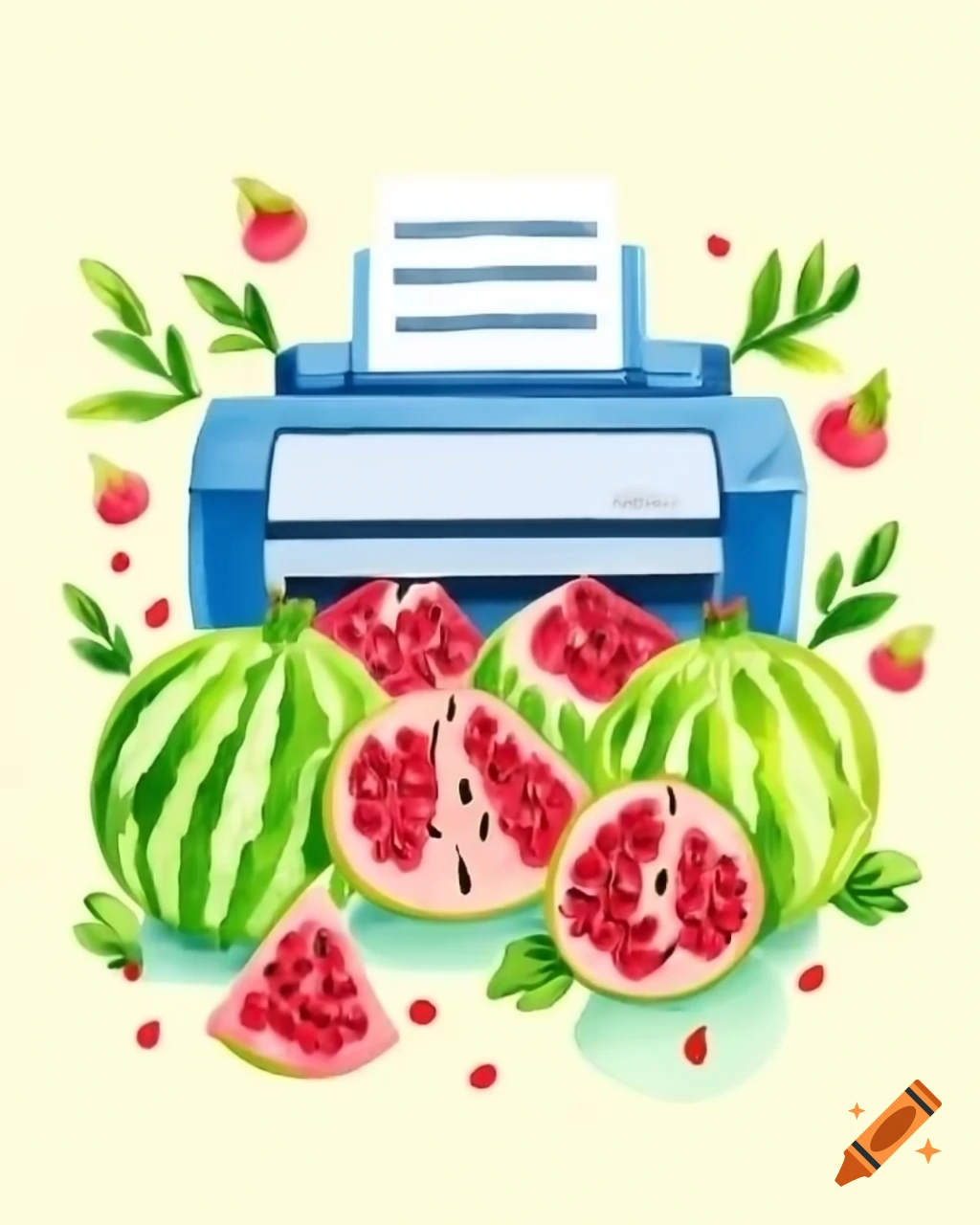 Cheerful printer surrounded by colorful watermelons and pomegranates on ...