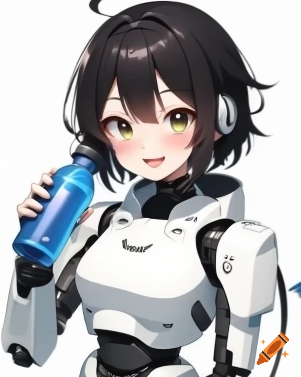 Cheerful anime robot woman with black hair and drink dispenser torso on ...
