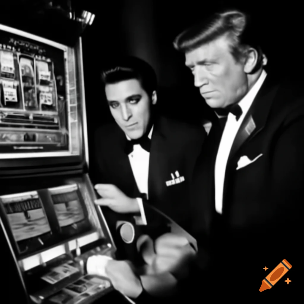 Elvis and Trump playing slot machines at a birthday party in a casino ...