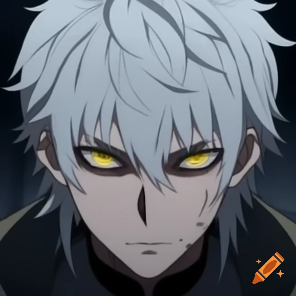 Stoic male character with white hair, yellow eyes, and scars on Craiyon