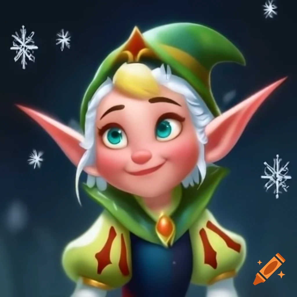 Alpine elf with rosy cheeks and magical snowflakes in green and white ...