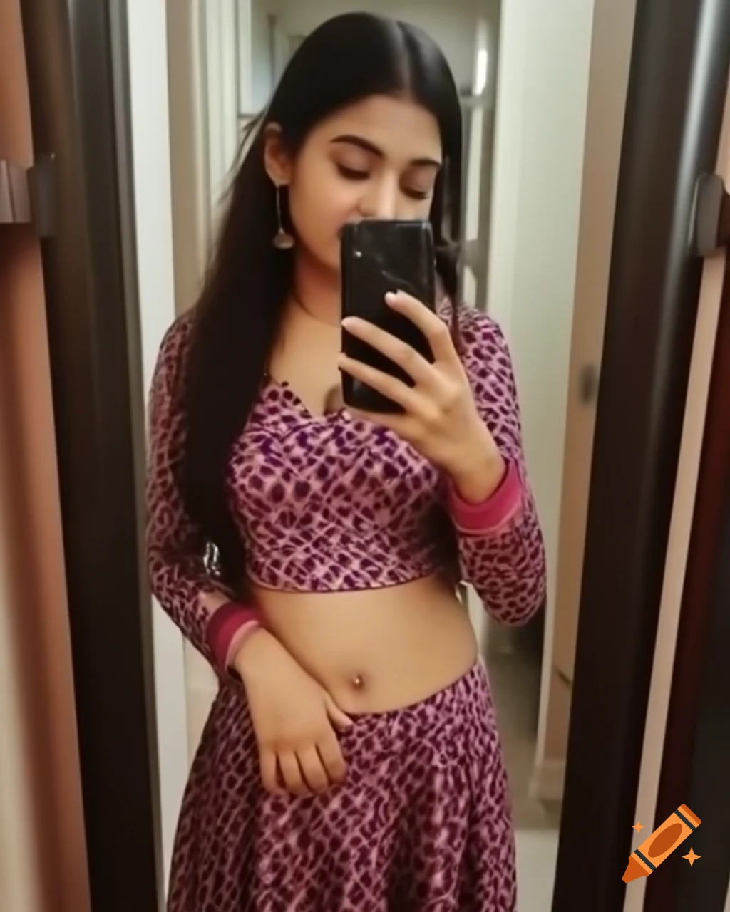 Indian girl taking selfie in front of mirror on Craiyon