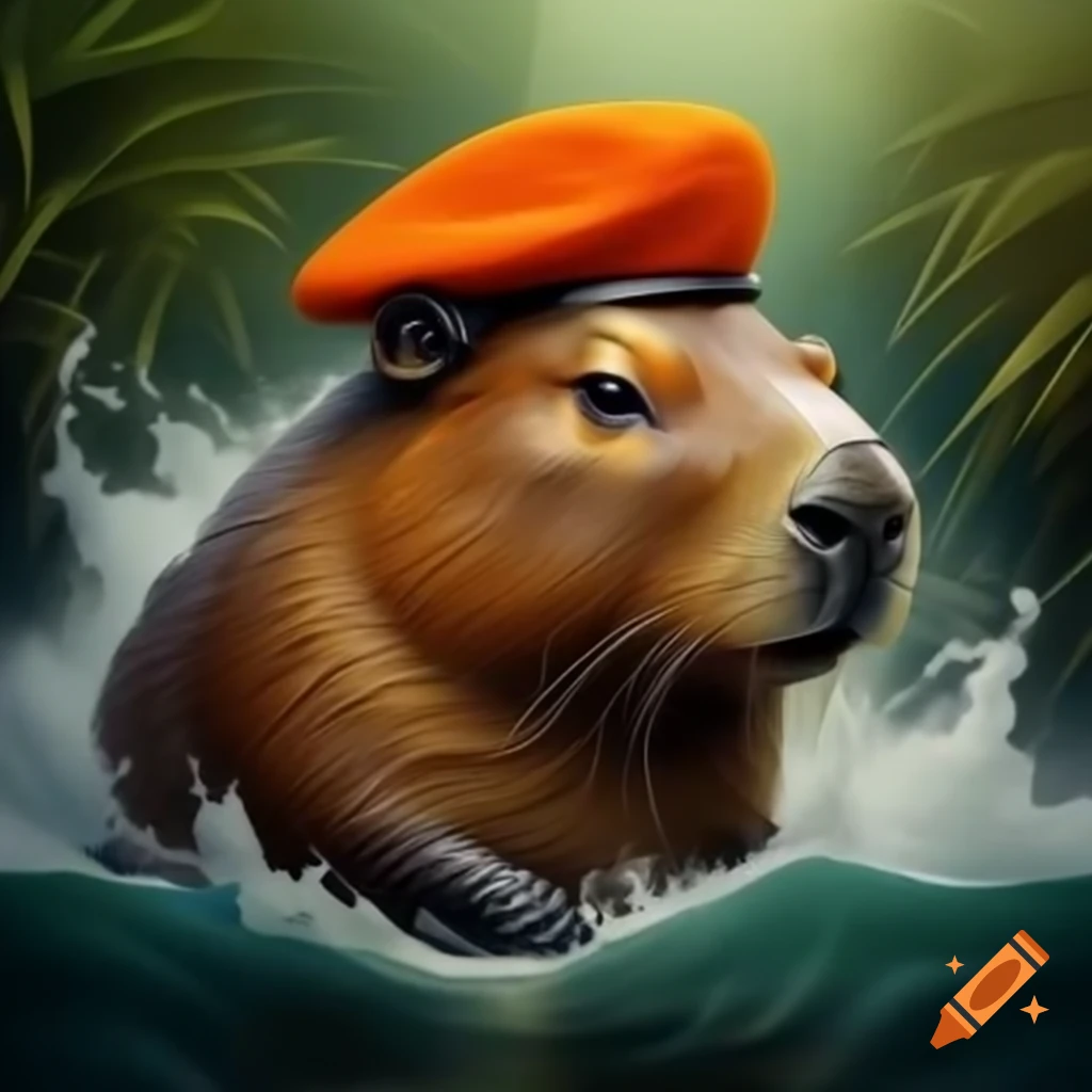 Army capybara with orange beret surfacing from swamp water on Craiyon