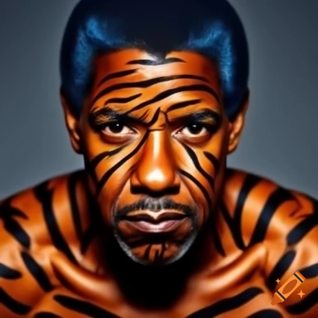 Muscular man with tiger-style makeup and vibrant colors on Craiyon