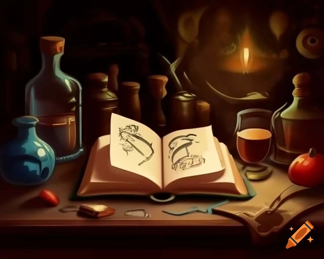 Closed fantasy recipe book on apothecary counter, styled like a ...