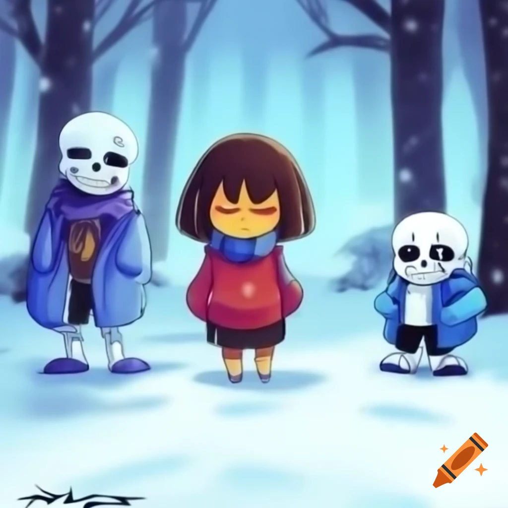 FANON version of Frisk and Sans walking in Snowdin, with Frisk smiling ...