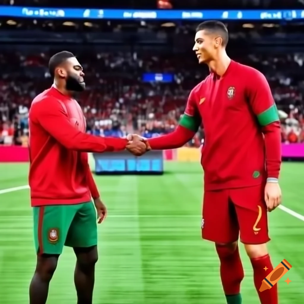 LeBron James and Cristiano Ronaldo shaking hands on sports field in ...