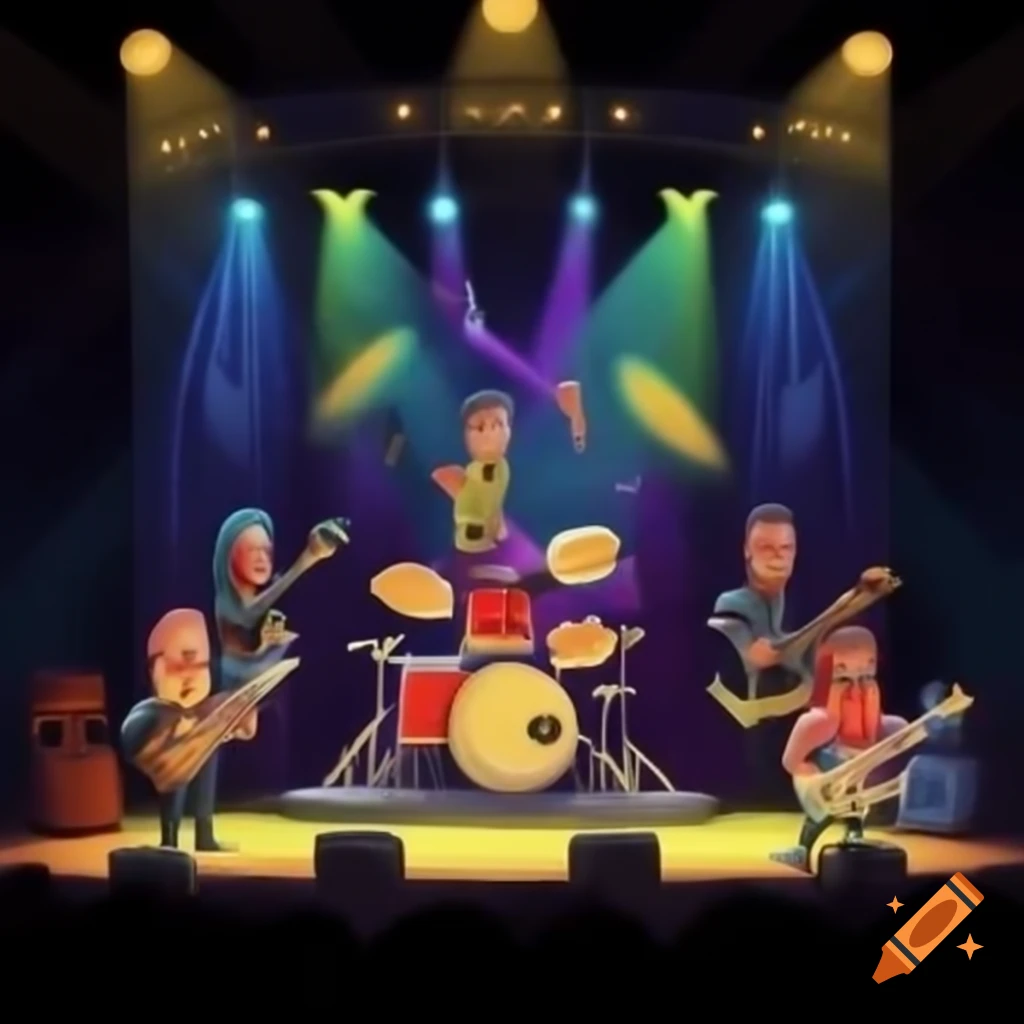 Cartoon rock stars performing on stage with instruments on Craiyon
