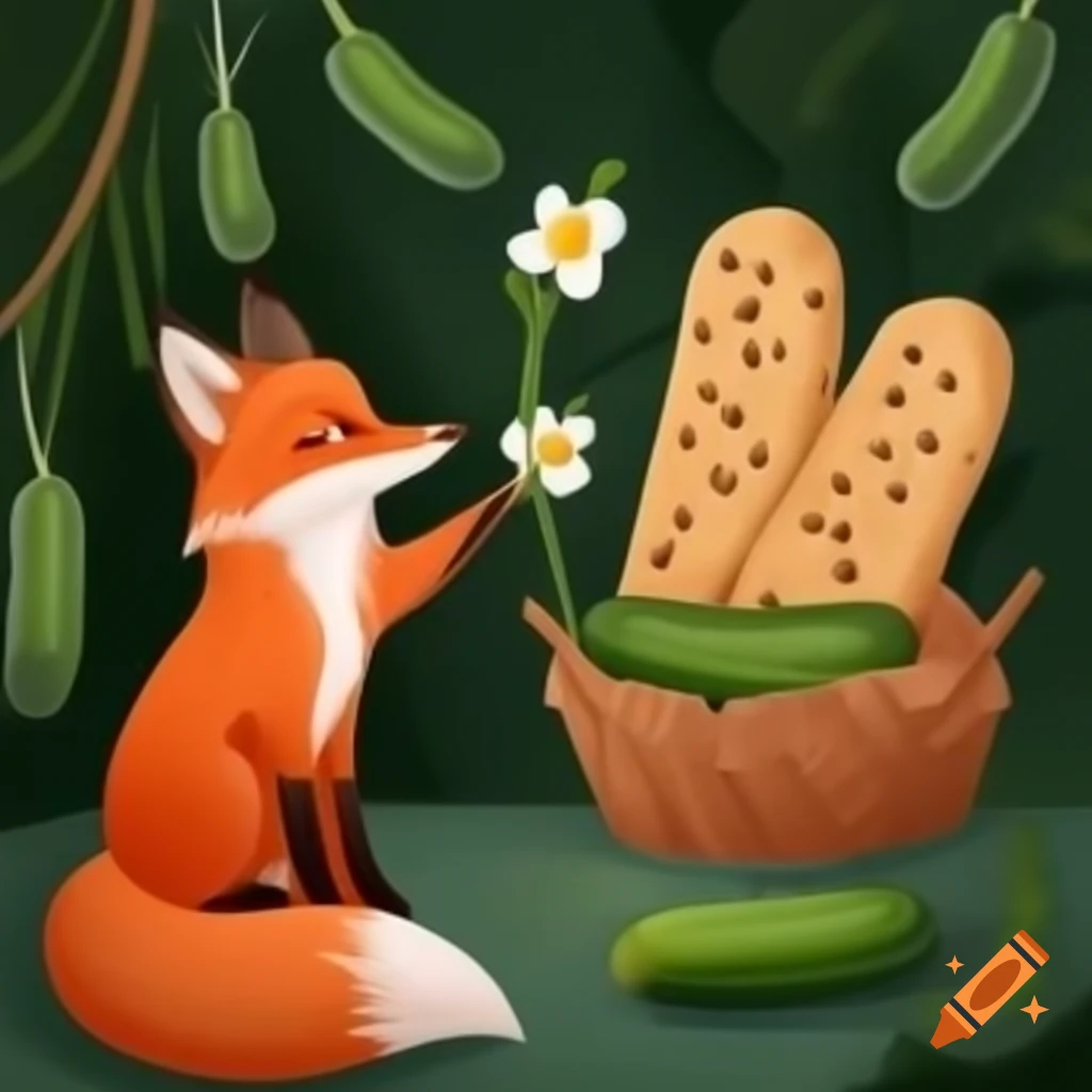 Fox presenting flower, warm biscuits, and persian cucumbers on Craiyon