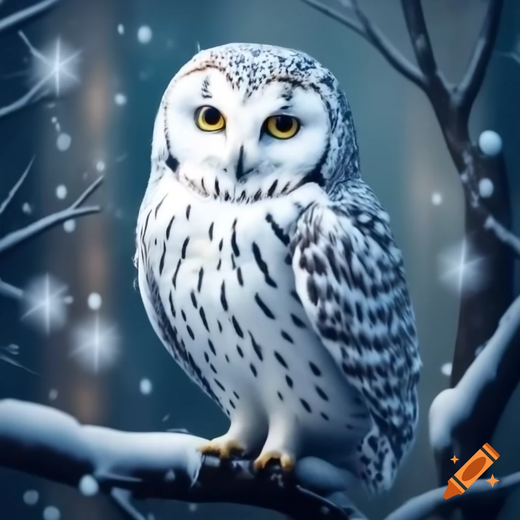 Snowy owl with frosty speckled feathers perched on winter branches on ...