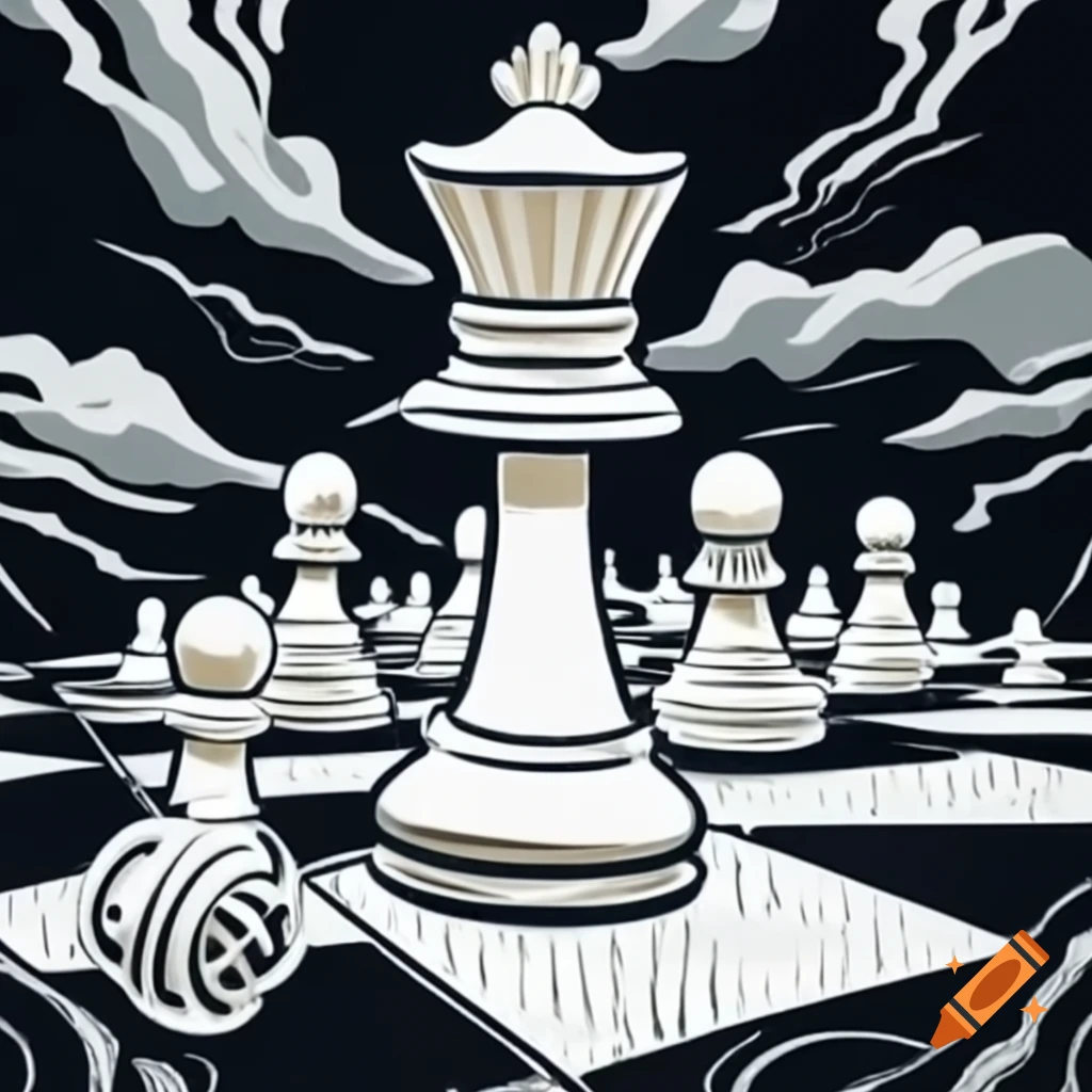 Surreal linocut of a chess game in black and white on Craiyon