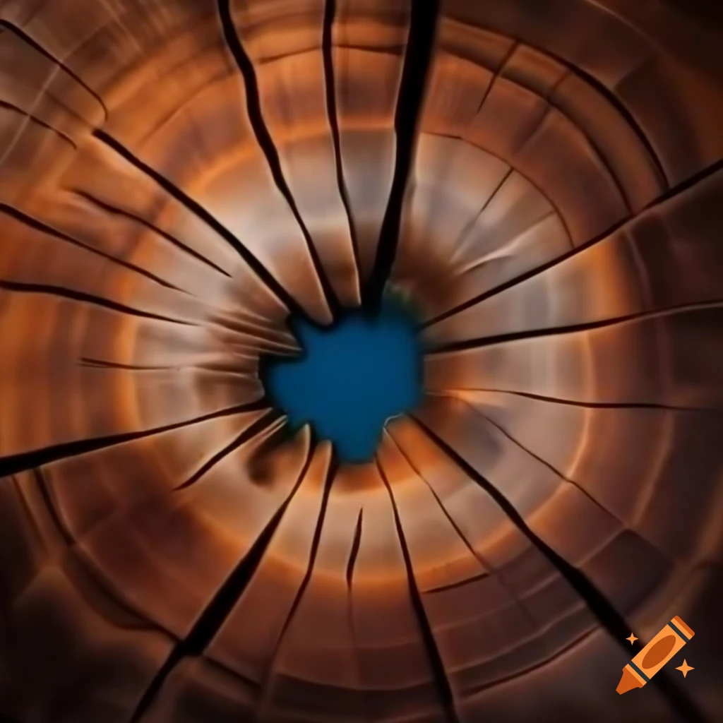 Aerial view of tree stump with concentric growth rings and nearby pool ...