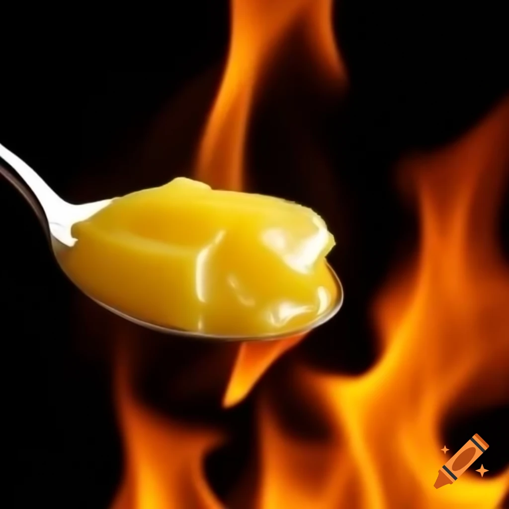 Spoon pouring ghee into flames, highlighting cooking process on Craiyon