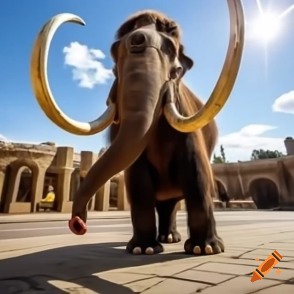 Green mammoth with eight eyes standing on city pavement on sunny day on ...