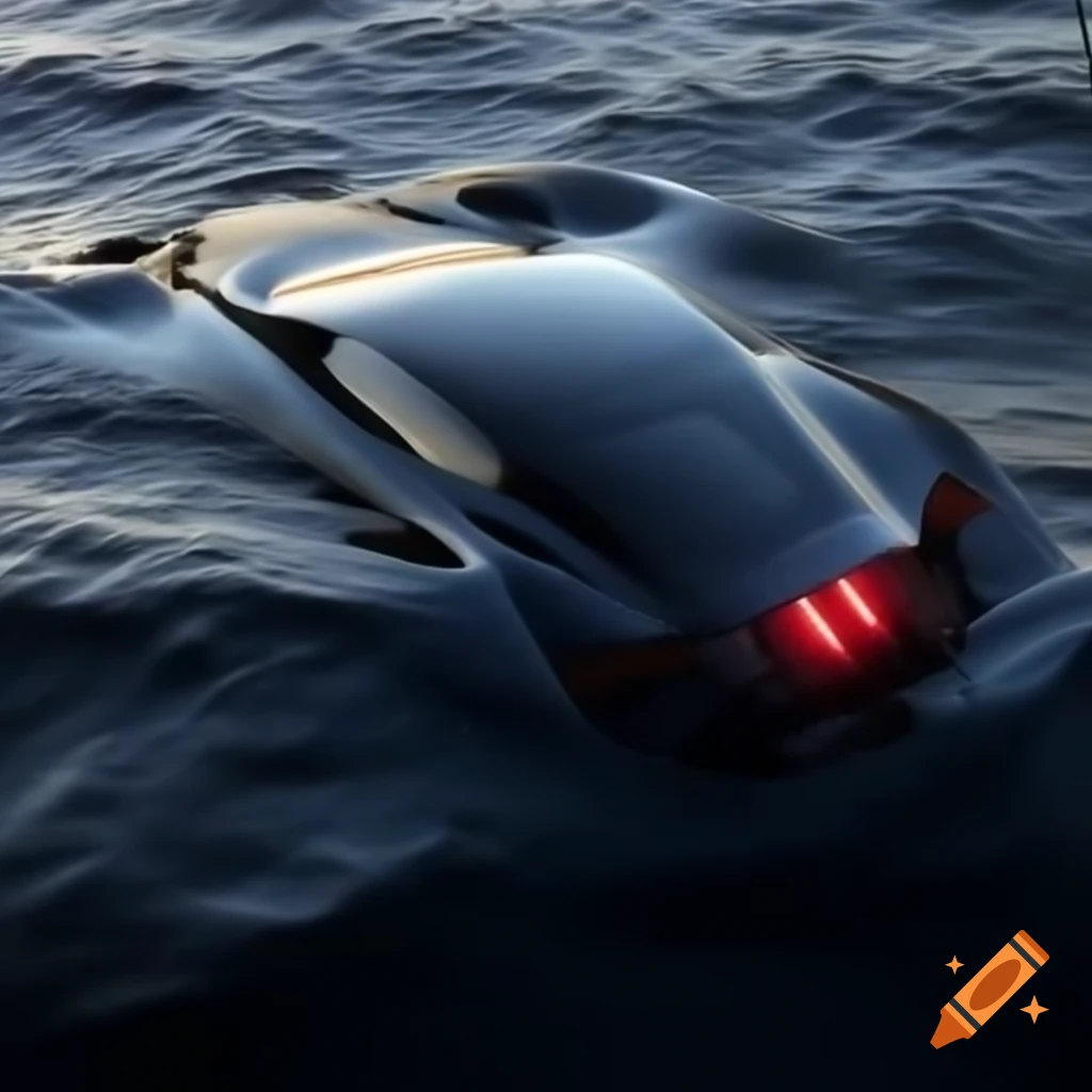 Sleek black Marsidi vehicle partially submerged in ocean creating a ...