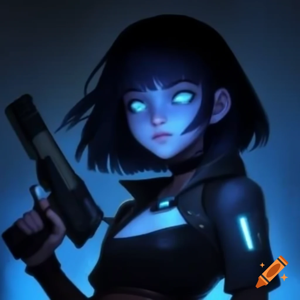 Dark-haired girl with blue eyes and toned abs holding futuristic pistol ...