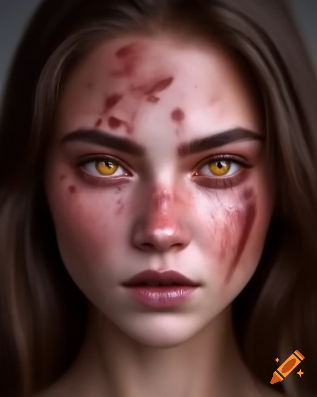 Woman with brown hair and amber eyes featuring deep facial scars on Craiyon