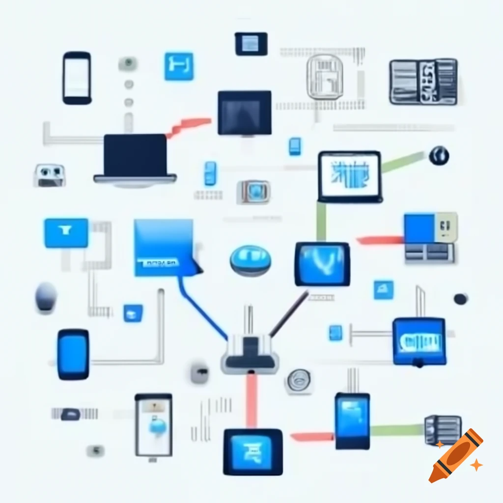 Virtual machine network with icons of devices against white background ...