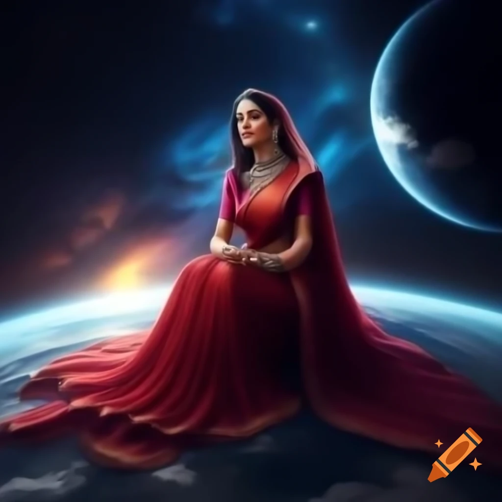 Celestial queen in crimson saree with gems on planet Earth, surrounded by swirling cosmos on Craiyon