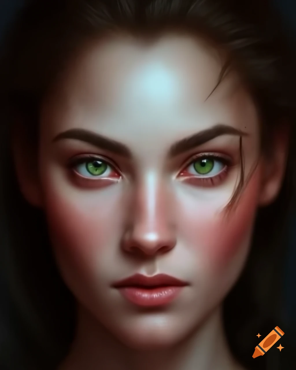 Realistic portrait of a woman with pale skin, dark brown hair, and ...