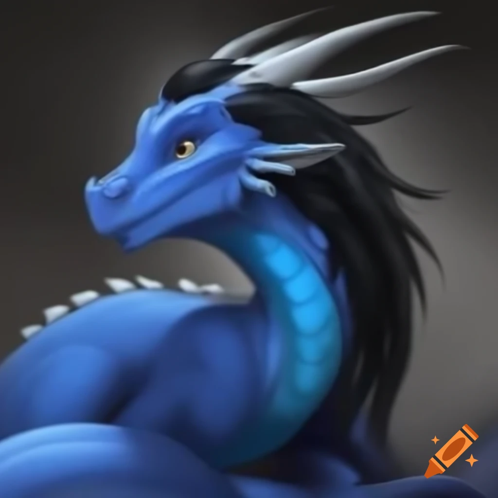 Blue female dragon with grey underbelly and long black hair on Craiyon