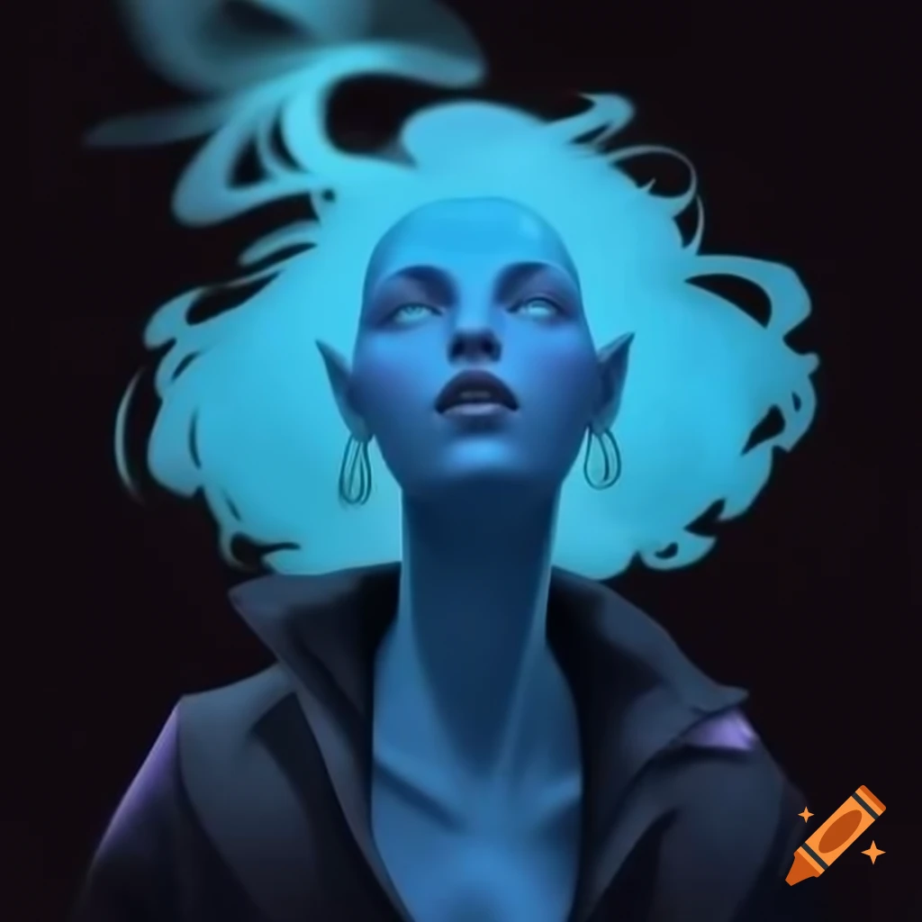 Fantasy portrait of light-blue-skinned air genasi woman with windswept ...