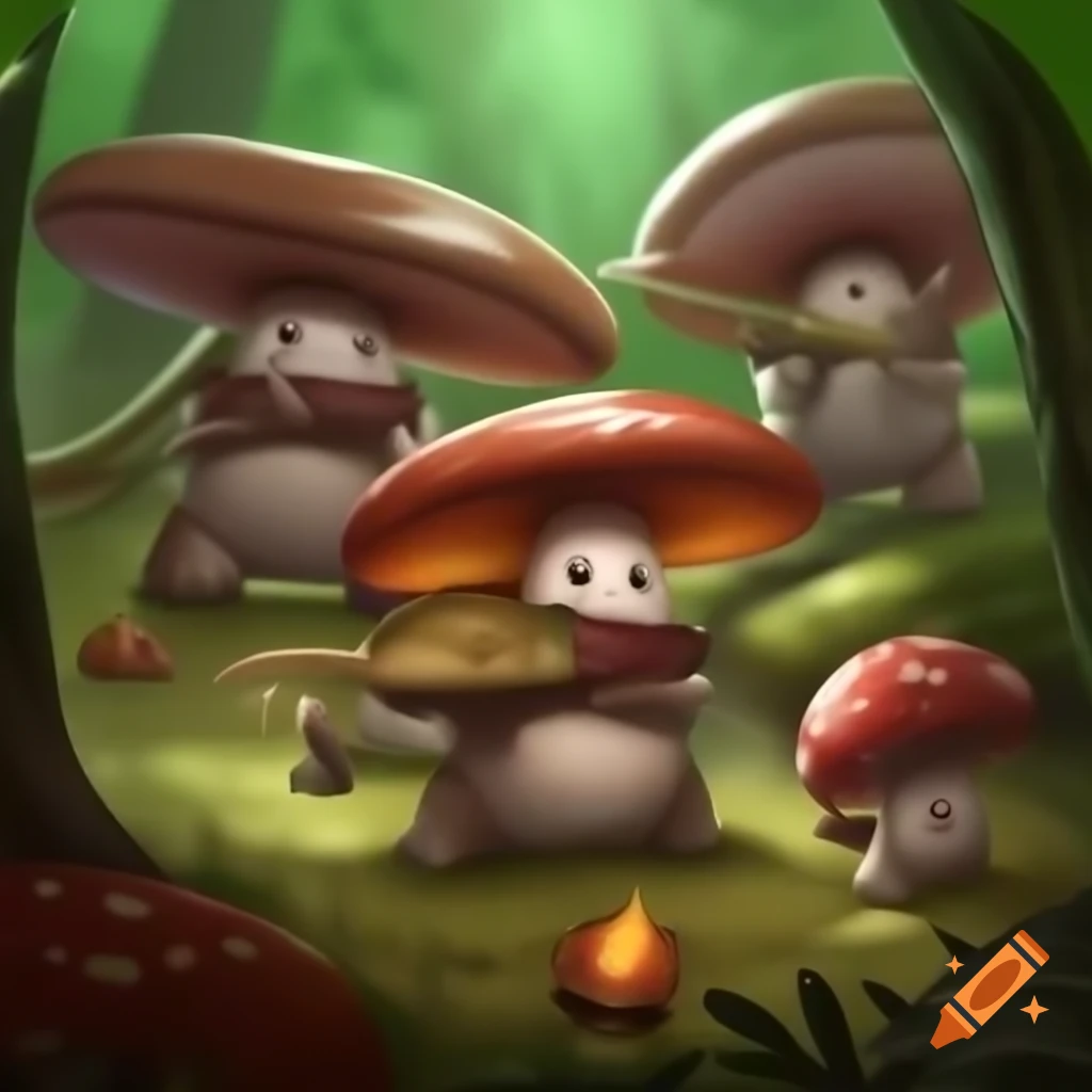 Anthropomorphic mushroom creatures preparing for battle in a forest on ...