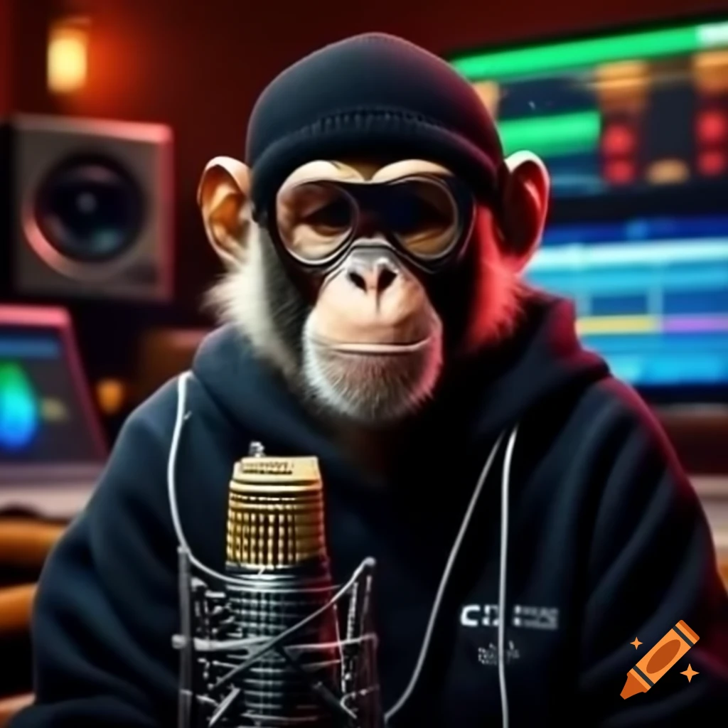 Monkey wearing black hoodie and sunglasses singing in recording studio ...
