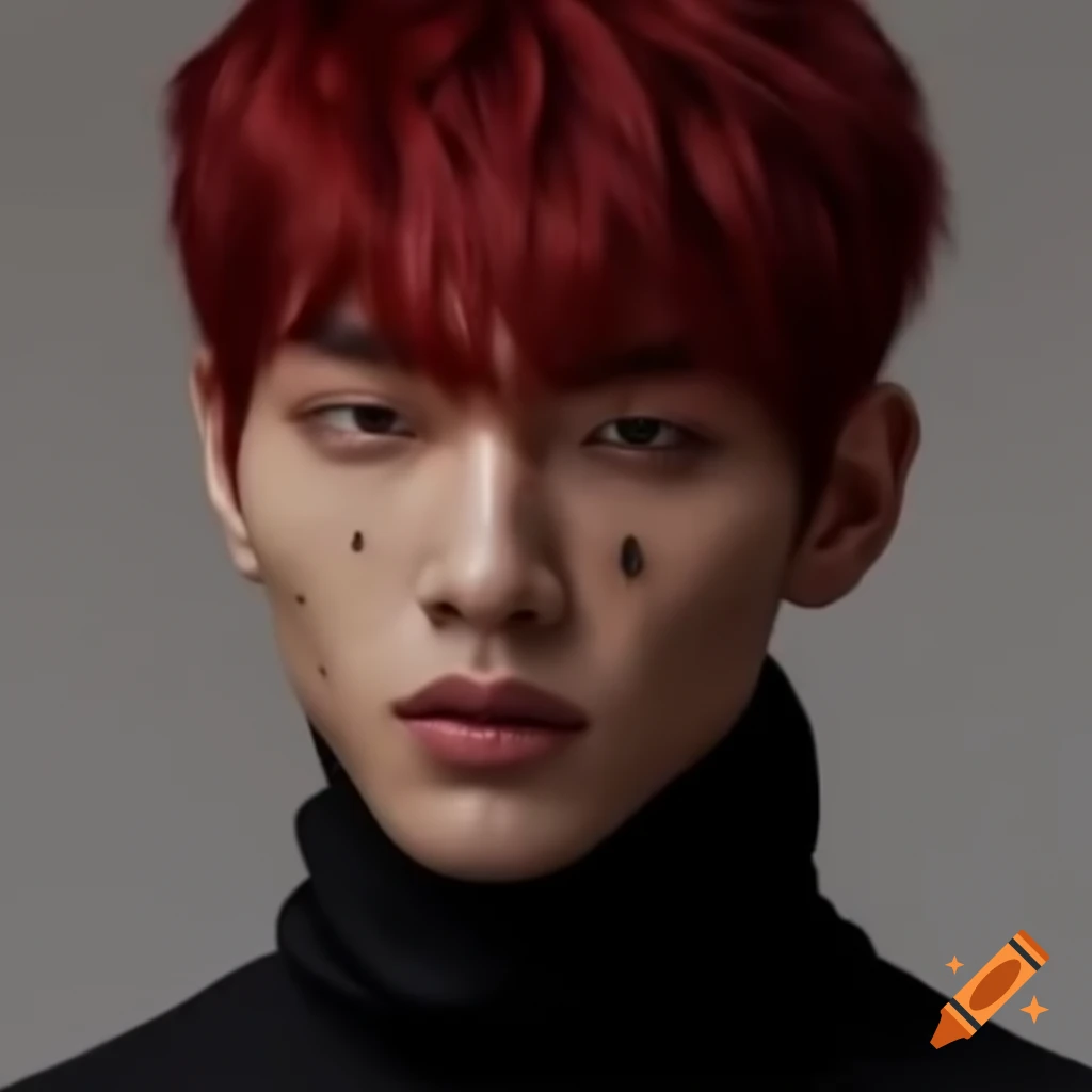 Asian male with angular face and disheveled deep-red hair on Craiyon