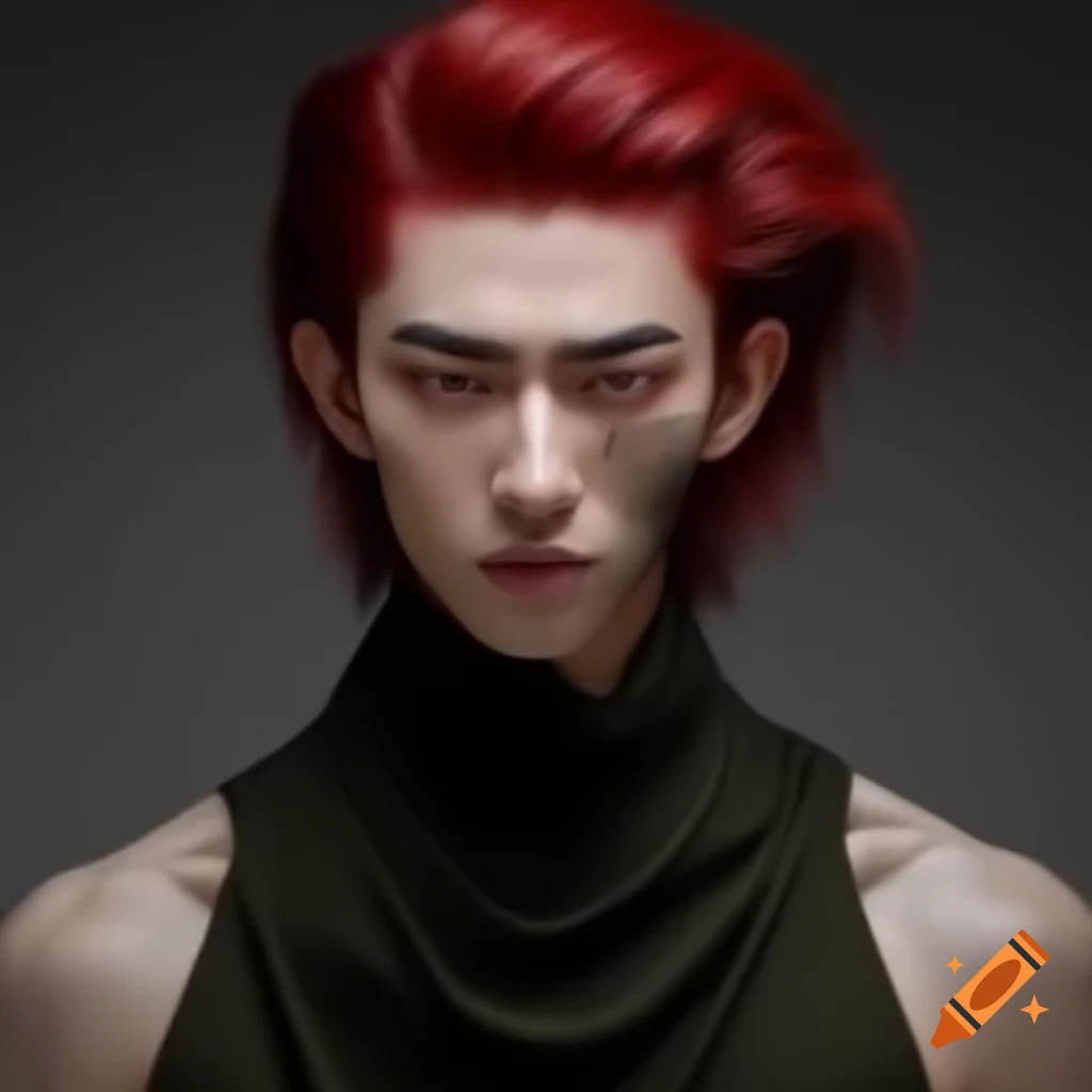 Asian male with angular face and disheveled deep-red hair on Craiyon