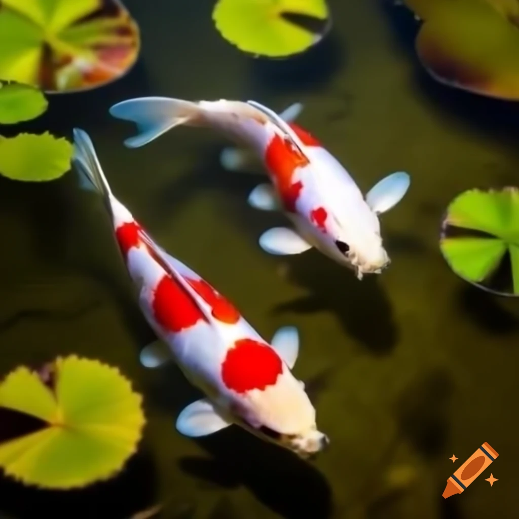 Tancho shubunken koi fish swimming in golden waterfall at sunrise with ...