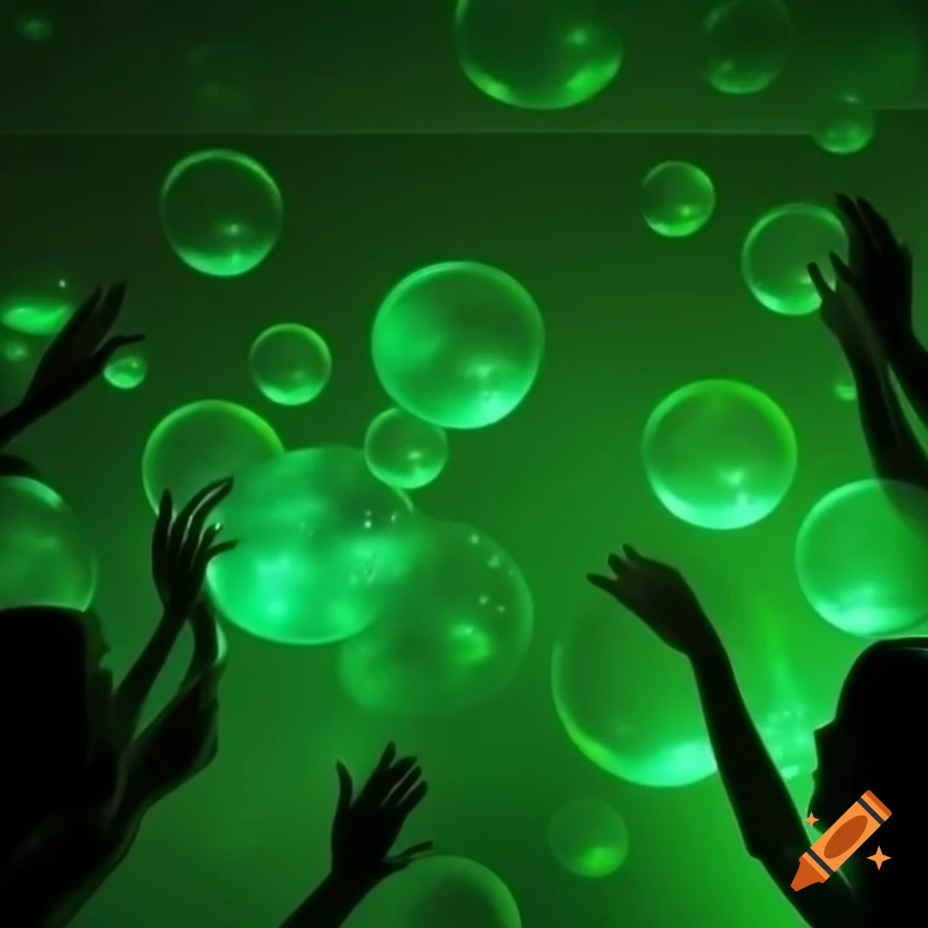 Hands interacting with pulsating green bubbles on a bubble wall on Craiyon