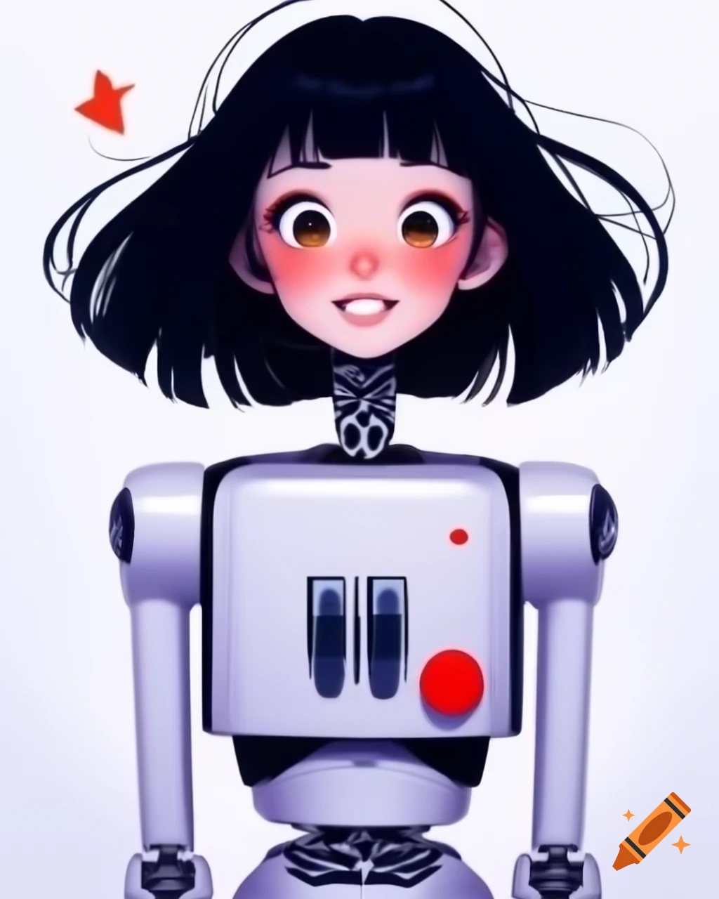 Cheerful feminine robot with black hair and toaster body in anime style ...