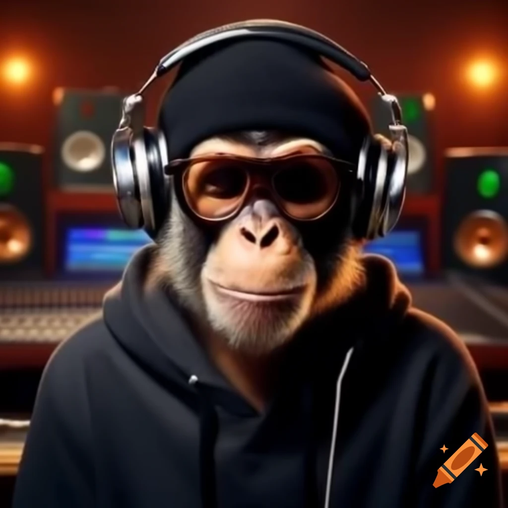 Monkey wearing black hoodie and sunglasses singing in recording studio ...