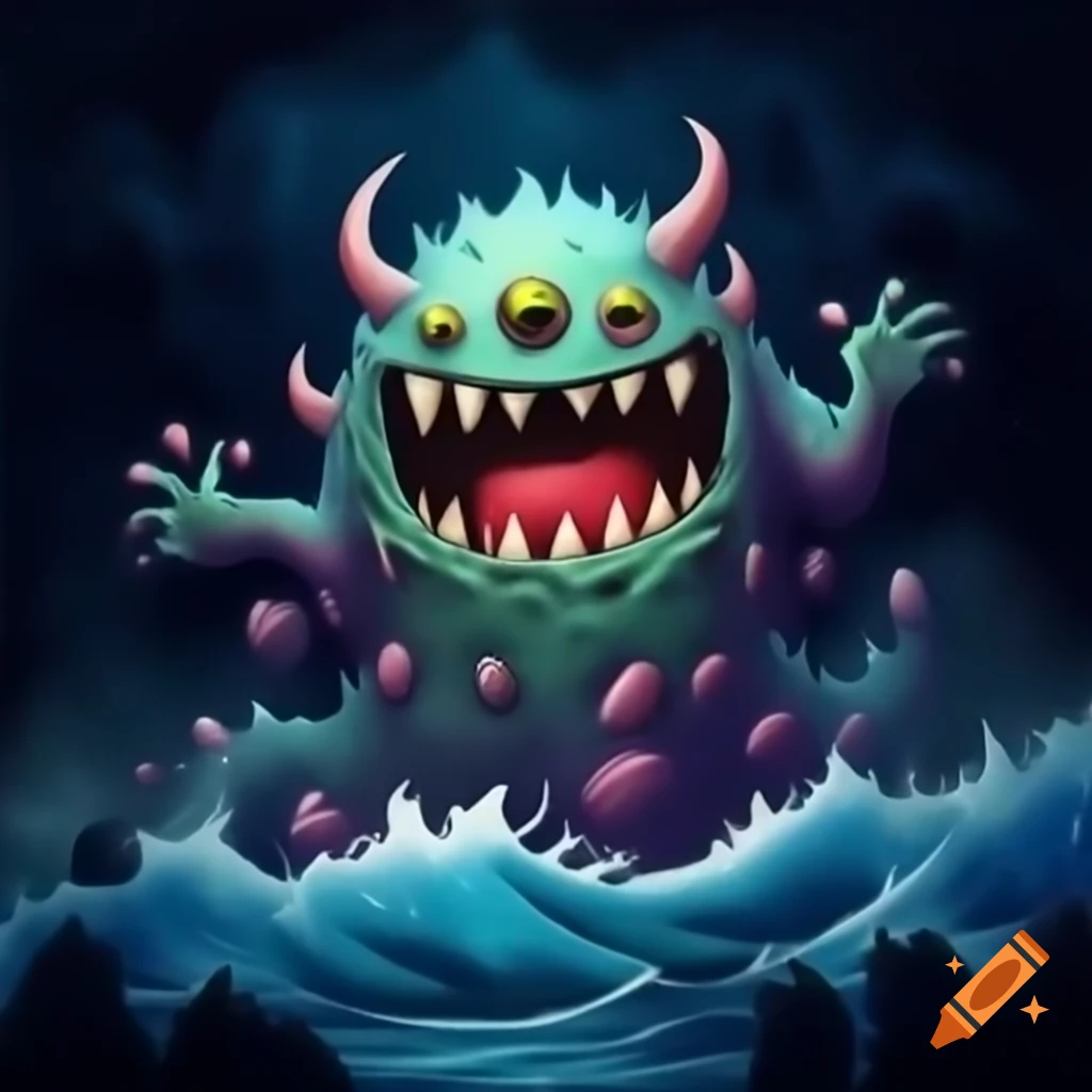 Cheerful monster surfing on a wave in dark ocean on Craiyon
