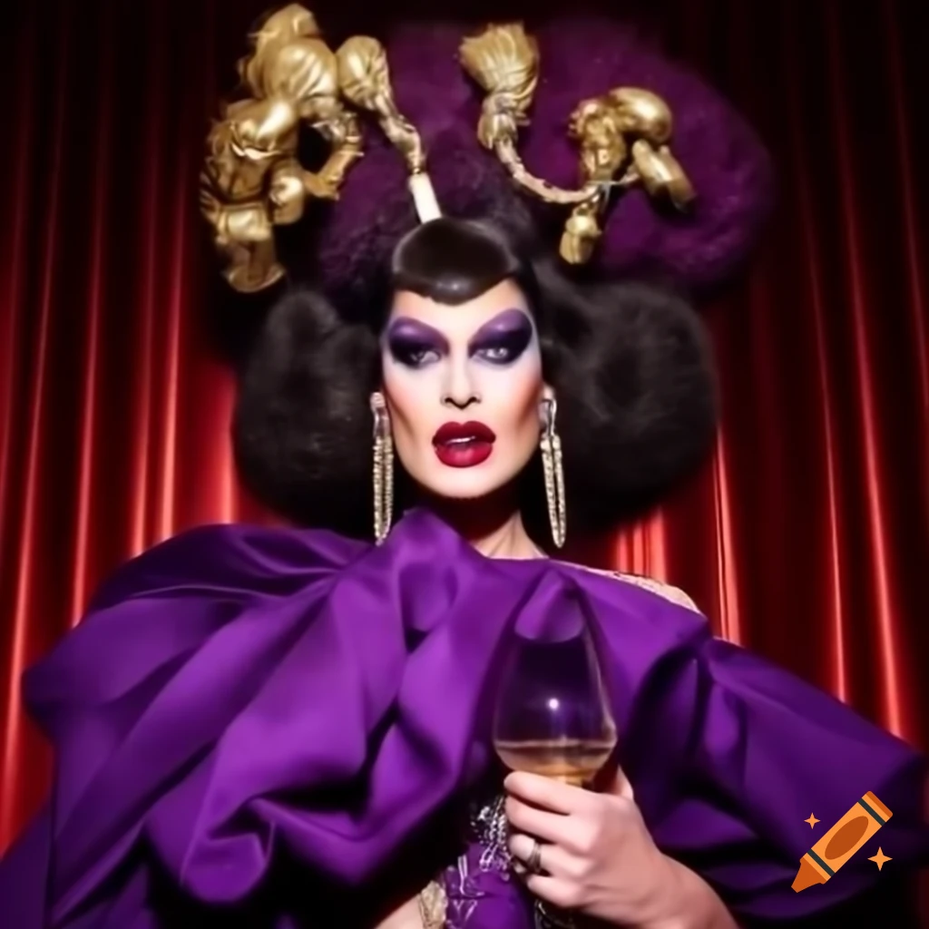 Modern goddess themed look for drag queen Zara Soiree inspired by Dionysus on Craiyon