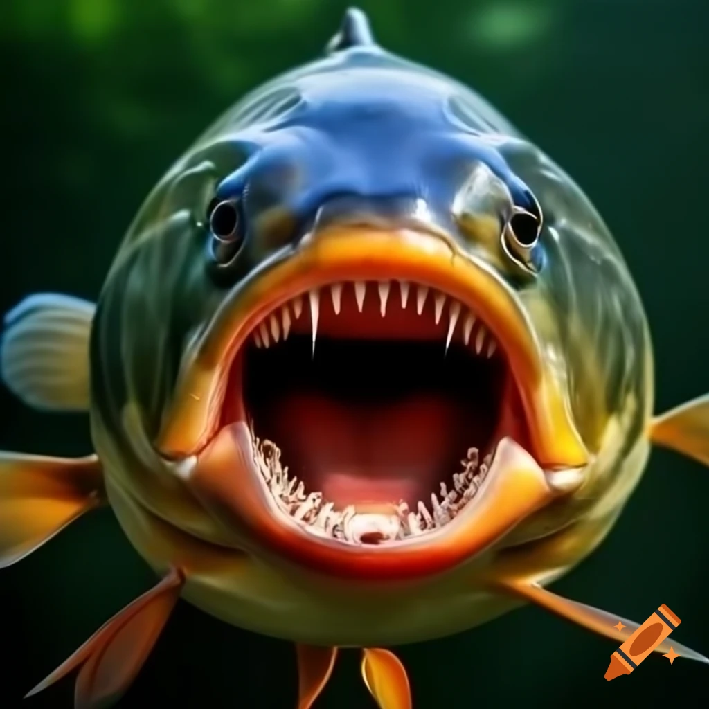 Illustration of carp with open mouth and sharp teeth on Craiyon