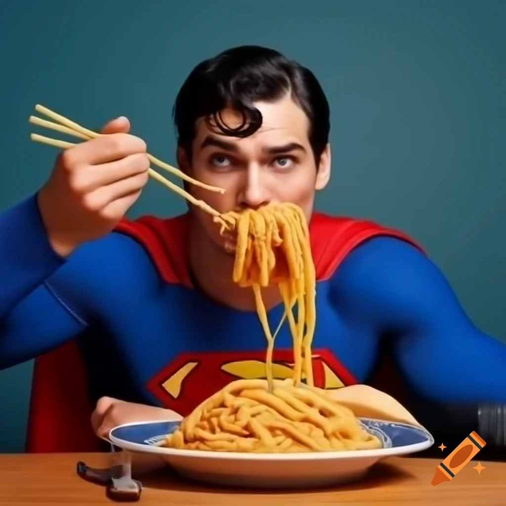 Superman enjoying a bowl of spaghetti on Craiyon