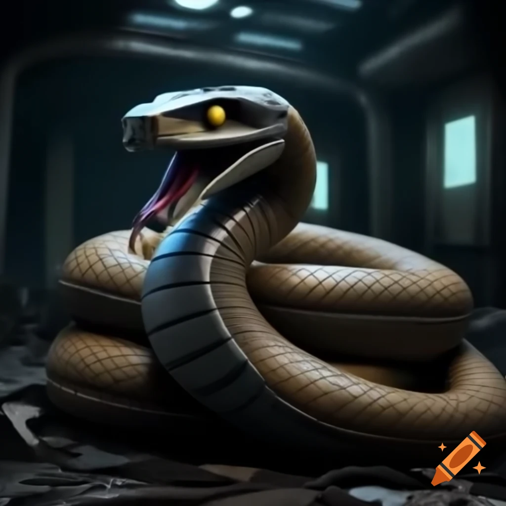 Large robotic snake with glowing eyes resting in abandoned sci-fi ...