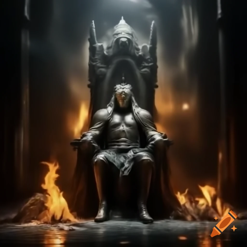 Spirit of a long-dead king on throne in gloomy hall with fiery eyes on ...