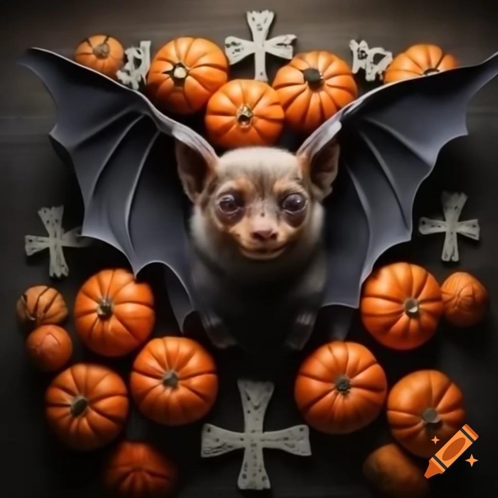 Bat crest design featuring pumpkins and inverted crosses on Craiyon