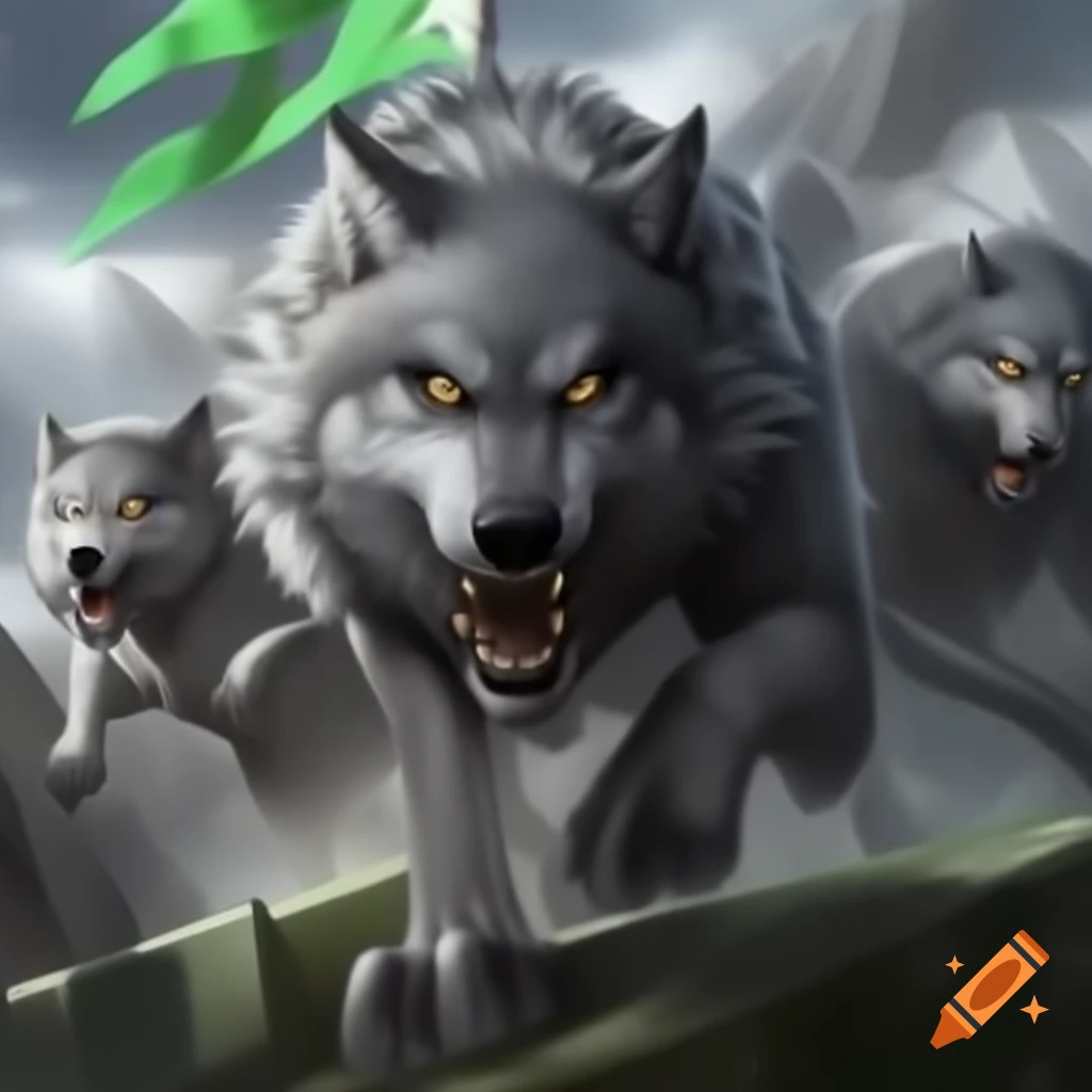 Pack of grey wolves galloping toward fortress walls with green flag on ...