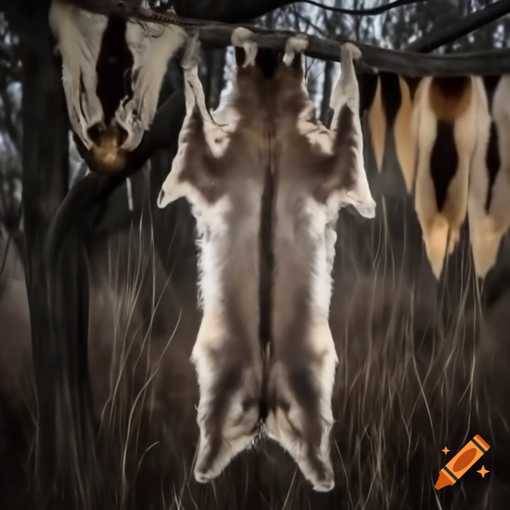 Werewolf pelt drying from tree with hunter standing beside it on Craiyon