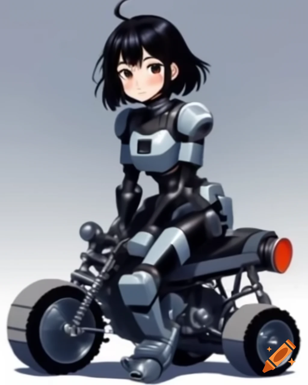 Cheerful anime robot woman with black hair and motorcycle body on Craiyon